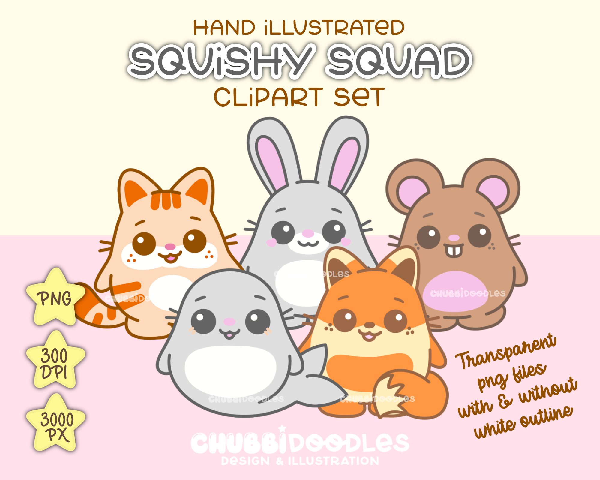 Squishy Squad Illustrations - Cute Animals PNG Clipart Stickers DTF Su ...